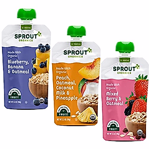 Sprout Organics, Stage 2 Variety Pack, Blueberry Banana Oatmeal, Mixed Berry Oatmeal & Peach Oatmeal with Coconunt Milk, 6+ Month Pouches, 3.5 oz (18-count)