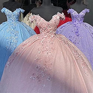 DKBridal Women‘s 3D Flowers Quinceanera Dresses Glittery Tulle Off The Shoulder Sweet 16 Dresses Royal Blue 24