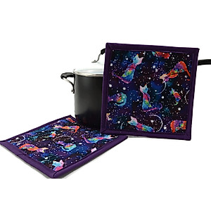 Colorful Cats in Space Pot Holders - Set of 2-8 Inch Square Cotton Fabric in Blue, Purple and White