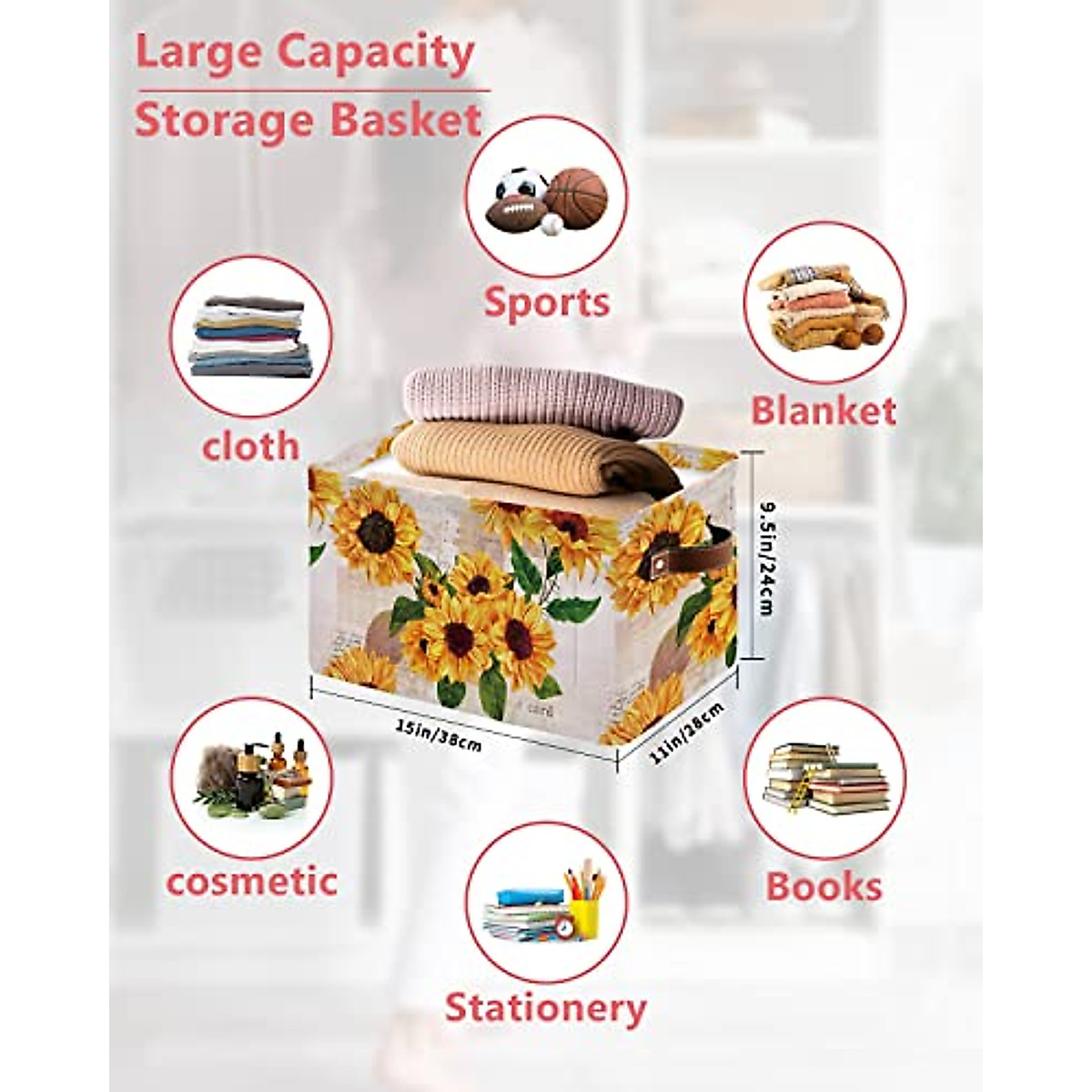 Storage Baskets for Shelves, Foldable Rectangle Storage Baskets, Sunflower with Old Newspaper Storage Containers for Organizing Dorm Closet Room, 2-Pack (15” x 11” x 9.5”)