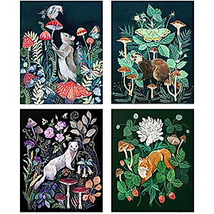 Mushroom Butterfly Wall Art, Black Background Botanical Floral Insect Wildlife Fox Print, Fun Cute Creative Nature Poster for Kitchen Bedroom Living Room Decor, Set of 4 - (8 x 10 Inch Unframed)