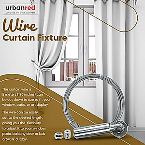 UrbanRed Stainless Steel 16.4 FT (5m) Curtain Wire Rod Set - Curtain Wire Hanging System, Versatile Art Display, Photo Hanging - Wall Mount Clothesline for Windows with Tension Wire Design