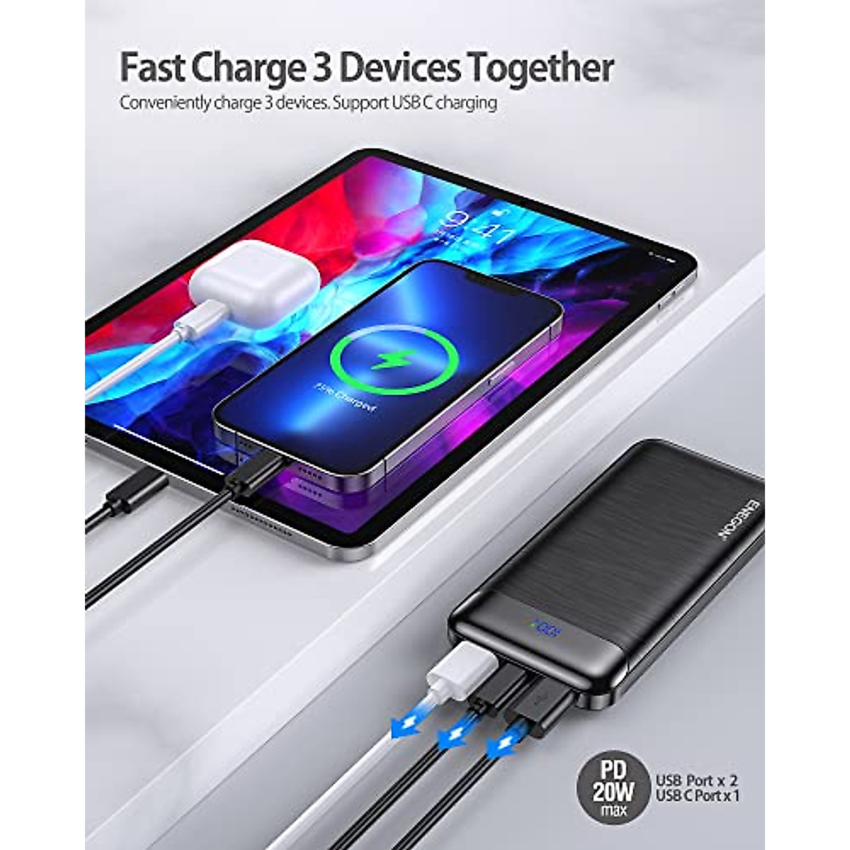 ENEGON 10000mAh Power Bank Fast Charging 12V/1.65A(PD 20W Max) with USB-C Wall Plug, Portable Chargers Slim Cell Phone External Battery Pack for iPhone 14 13 12 11 Pro Max Plus XR SE