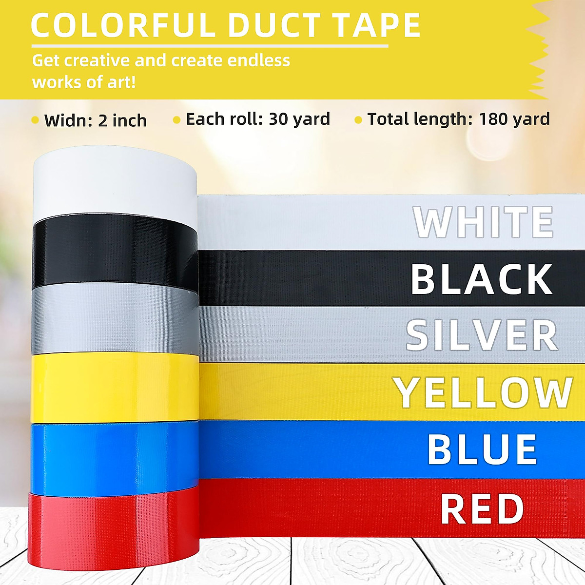Colored Duct Tape 10.2 mils Heavy Duty, 1.88 Inch Wide x 90ft Per Rolls, Total 540ft (180 Yard), Black White Silver Yellow Red Blue, Indoor & Outdoor Use, No Residue, Tear by Hand (1.88in x 30 Yards)