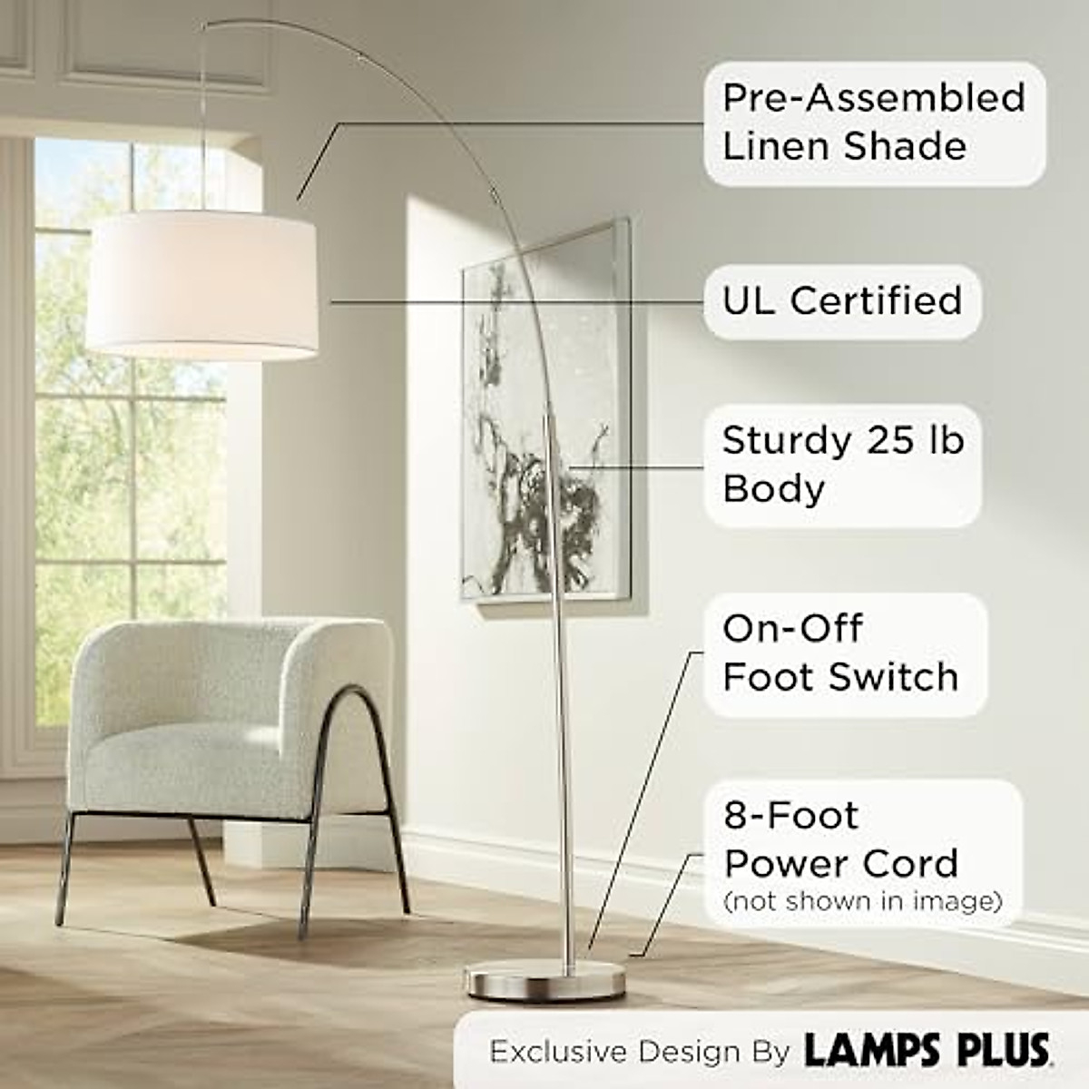 360 Lighting Cora Modern Arched Task Floor Lamp Standing 72" Tall Brushed Nickel Silver Off White Linen Fabric Drum Shade for Living Room Reading House Bedroom Home Decor