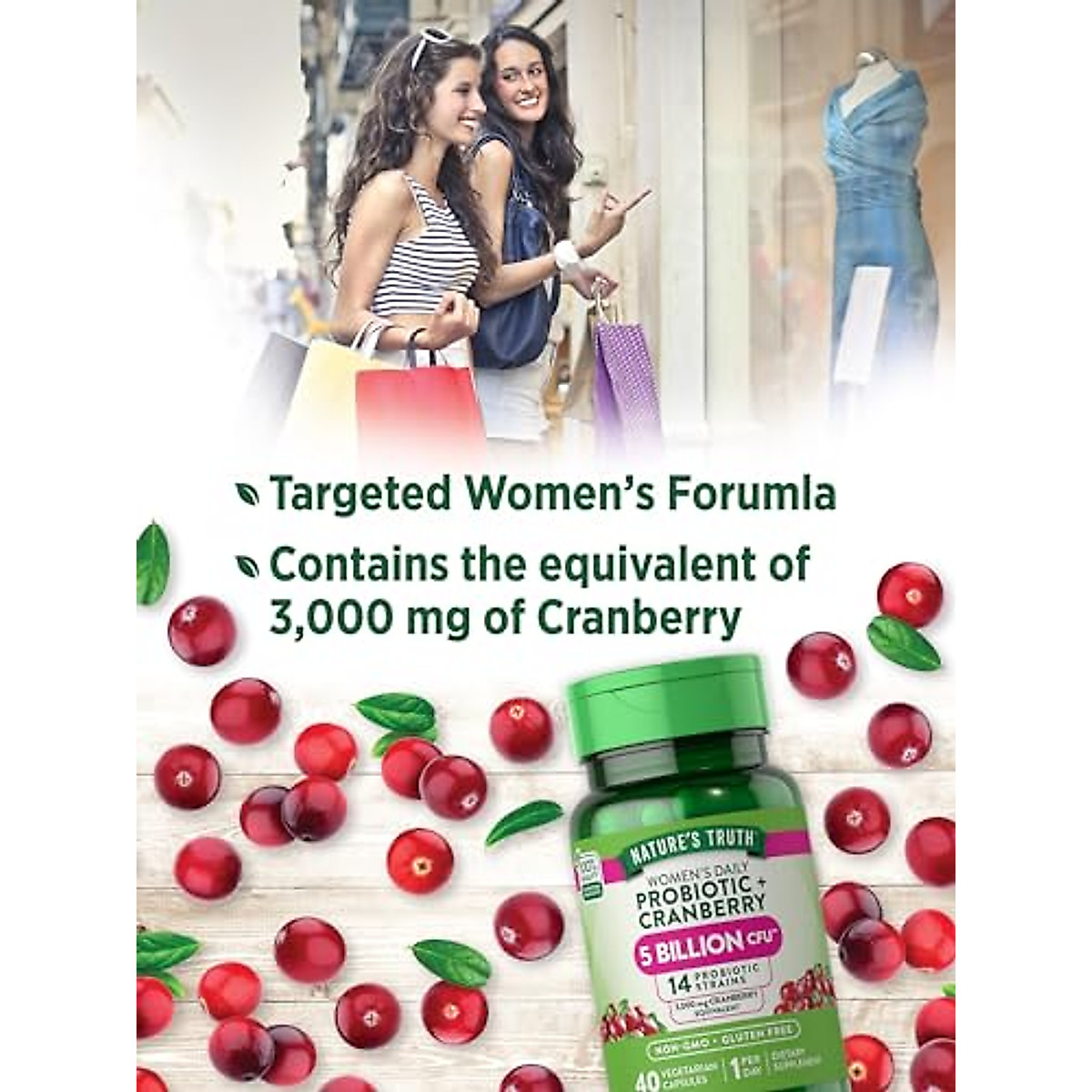 Nature's Truth Probiotics for Women | 5 Billion CFUs Daily | 40 Vegetarian Capsules | with Cranberry | Non-GMO & Gluten Free | No Refrigeration Needed