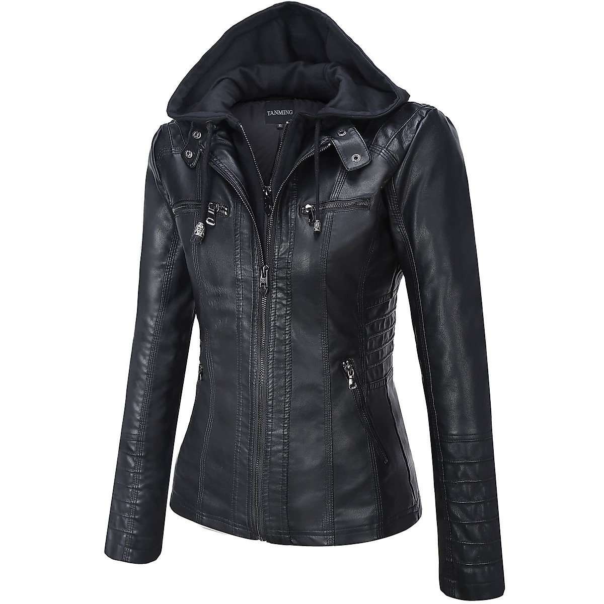 Tanming Women's Hooded Faux Leather Jackets (XX-Large, Black)