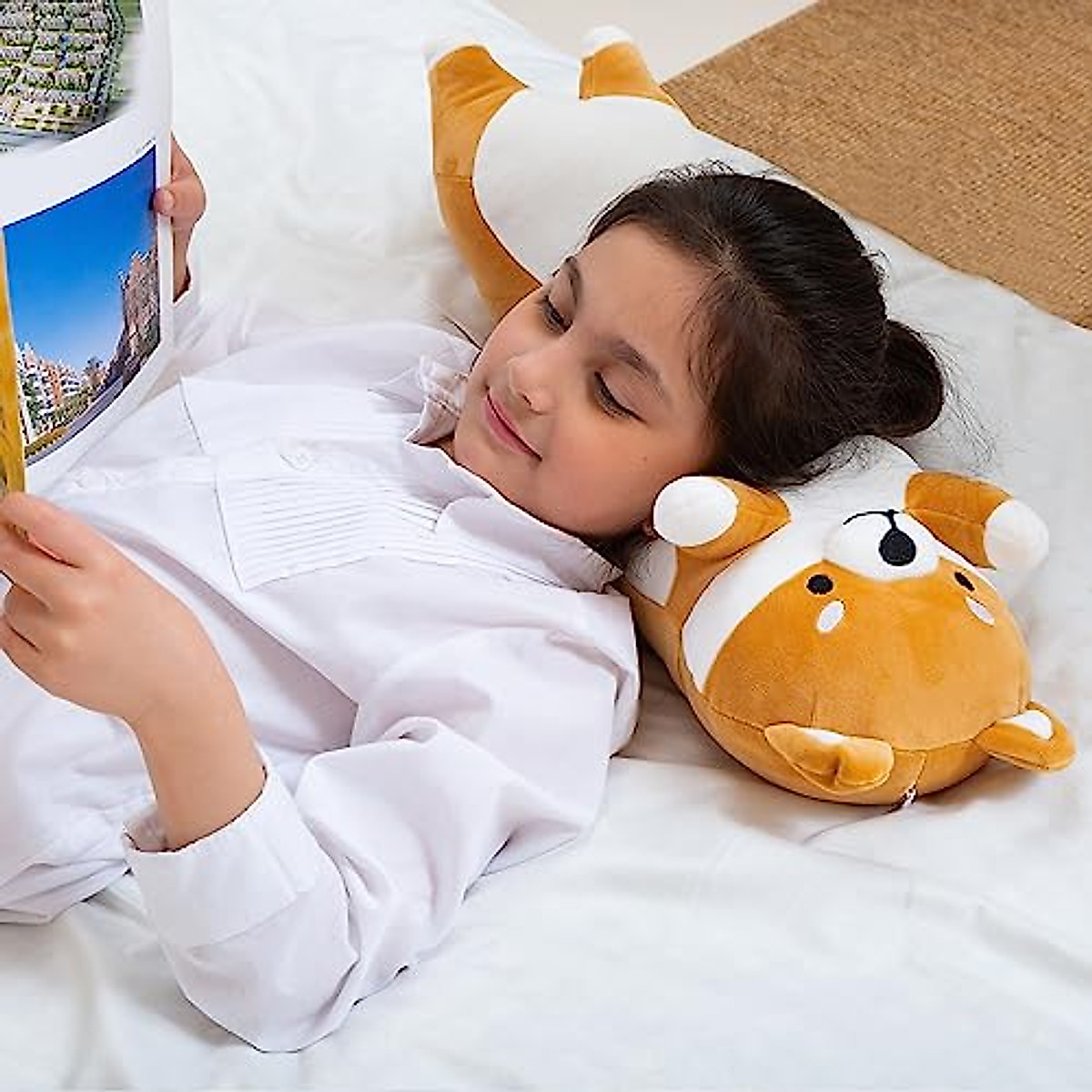 Long Shiba Inu Plush Body Pillow Giant Stuffed Animal Corgi Dog Plush Toys Hugging Pillow, Soft Long Dog Sleeping Cushion Gifts for Girls Boys (Yellow, 90cm/35.4inch)