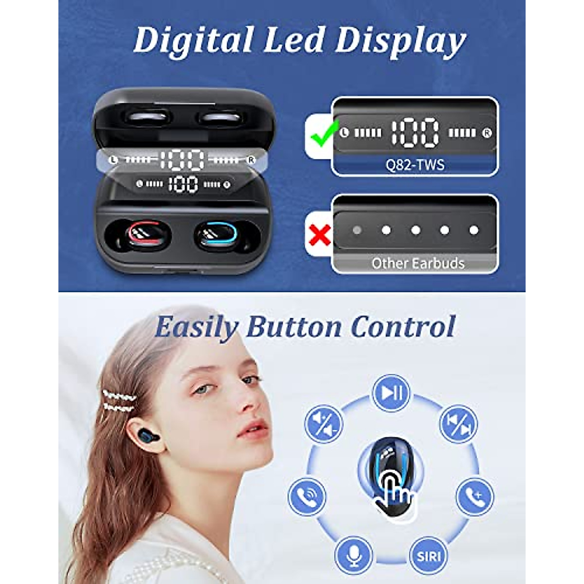 Wireless Earbuds, Bluetooth 5.1 Headphones Wireless Immersive Bass Sound in-Ear Headphones with Noise Cancellation Mic, Waterproof Bluetooth Earphone with Charging Case for Work, Sports (Black)