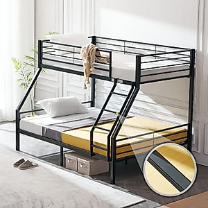VINGLI Twin Over Full Bunk Bed for Kids/Adults with Stairs Flat Rungs, Heavy Duty Metal Slats, No Box Spring Needed, Black