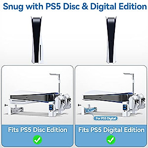 PS5 Horizontal Stand with 3-Level Cooling Fans for Playstation 5 Console, PS5 Accessories Controller Charging Station Fit for PS5 Edge Controller, PS5 Cooling Station with Headset Holder
