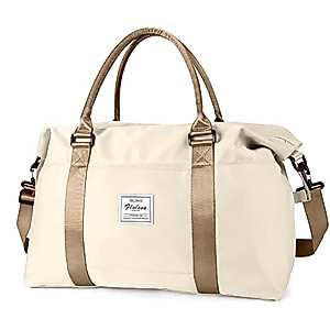 Travel Duffel Bag for Women, Sports Tote Gym Bag, Shoulder Weekender Overnight Bag with Wet Pocket & Trolley Sleeve,Light Beige & Brown