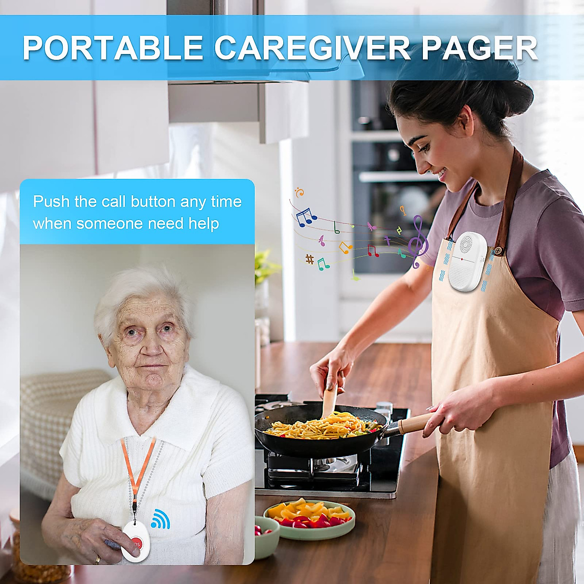 ChunHee Wireless Caregiver Pager Call Button Nurse Alert System Call Bell for Home/Elderly/Patient Emergency Vibration Pager 1 Transmitter+1 Receiver(800+Feet Operating Range)