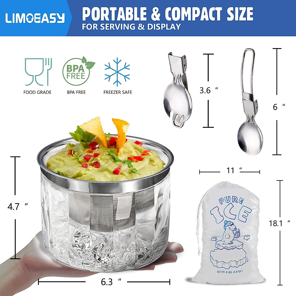 LIMOEASY Chilled Dip Bowl, 25 oz Ice Serving Bowl with Lid for Parties, Cold Serving Dish for Shrimp Cocktail, Hummus, Salsa, Guacamole, Sauces, Pasta, Condiments, Dressing, Snacks