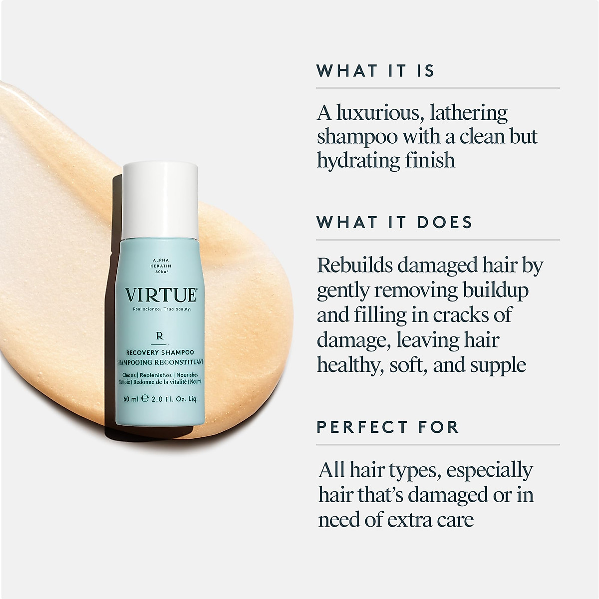 VIRTUE Recovery Sulfate Free Shampoo with Keratin and Baobab Seed Oil for Damaged Hair, Color Safe