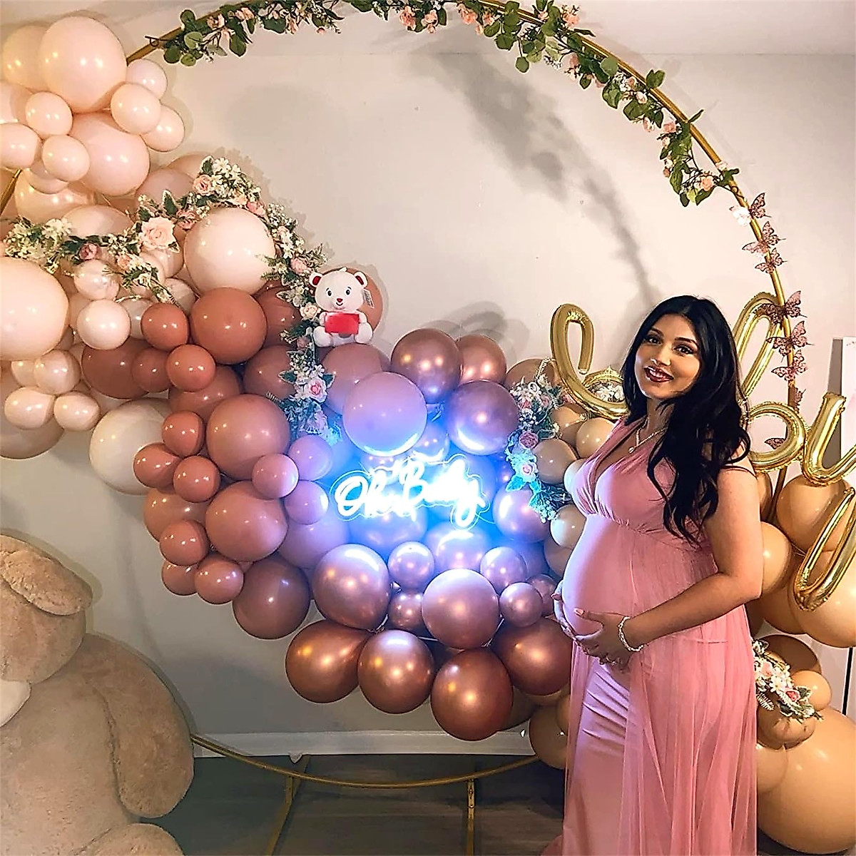 Dusty Pink Beige Gold Boho Balloon Garland Arch Kit, Neutral Blush Nude Tan Champagne Gold Double Stuffed Balloon Arch Kit for Women Birthday Wedding Baby Bridal Shower Engagement Party Decorations