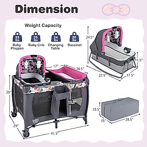 BABY JOY 5 in 1 Pack and Play, Portable Baby Playard w/Bassinet & Diaper Changing Table, Infant Nursery Center Pink Bassinet with Toys & Music & Oxford Bag for Baby Girl Toddlers (Rose, Dot Circle)