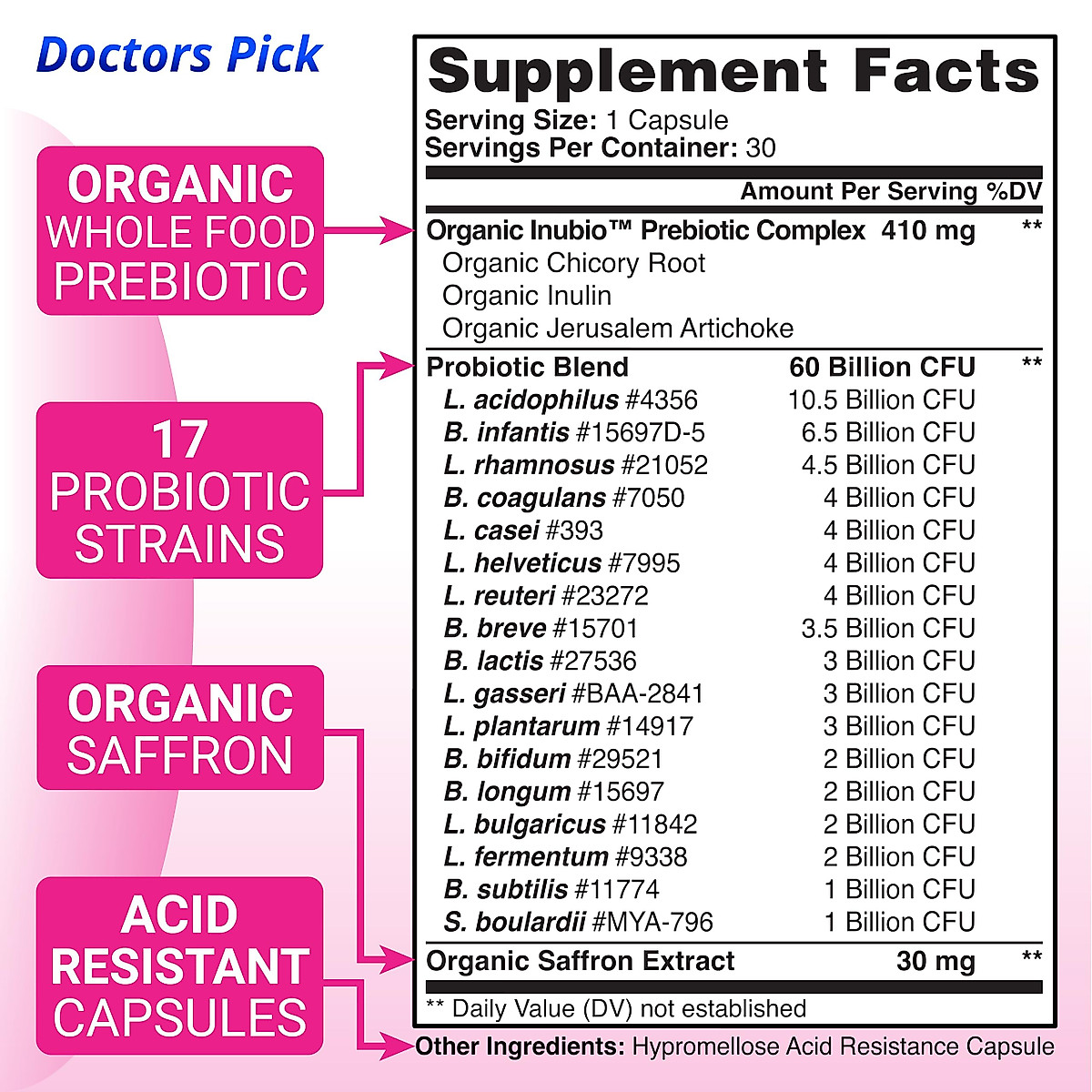 Doctors Pick Fem Pro Probiotics for Women. 17 Clinically Effective Strains for Vaginal, Digestive & Immune Support, Urinary Tract Health, pH Balance and Mood. Organic Prebiotic, 30 Veggie Capsules