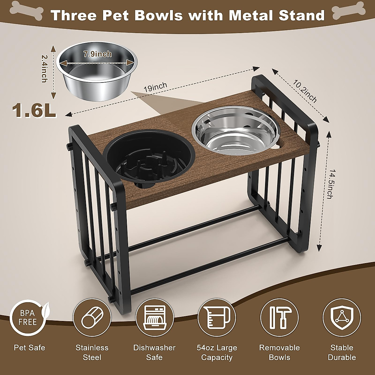 Elevated Non-Slip Metal Raised Dog Bowl Stand - 5 Height Adjustable, Slow Feeder & 2 Thick 54oz Stainless Steel Dog Food Bowls For Medium Large Dogs