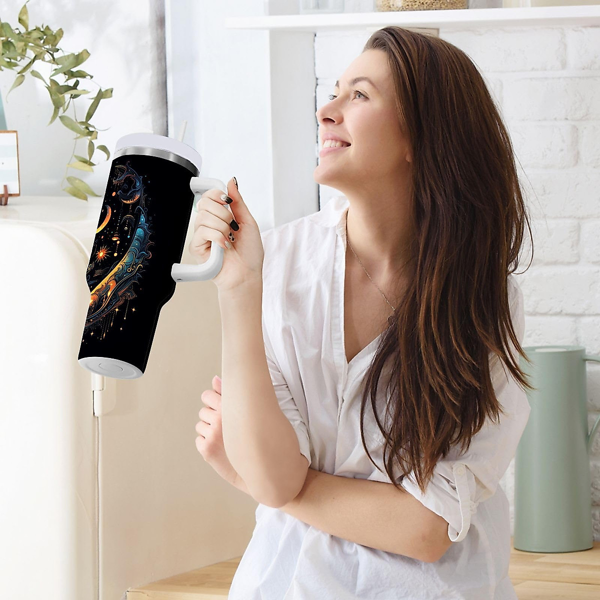 ALAZA Sun Moon Stars Alchemy Witchy 40 oz Tumbler Stainless Steel Water Bottle Vacuum Insulated Cup with Straw Lid & Handle For Travel Car Cup Holder