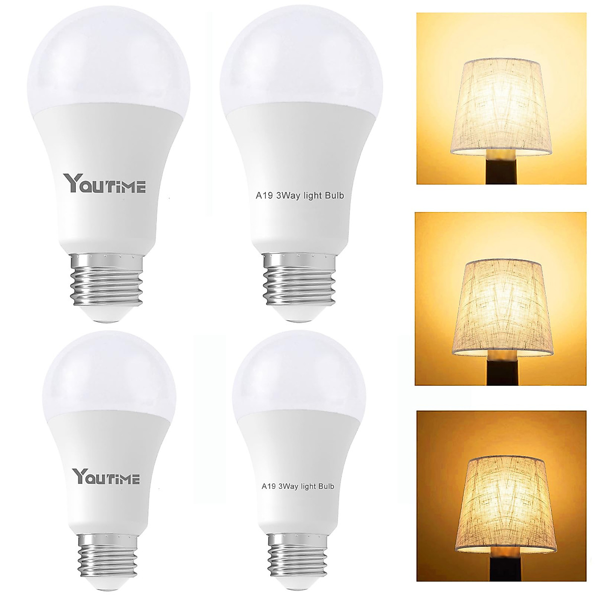 Youtime 3 Way Light Bulbs 30 70 100 Watt Equivalent 2700K Soft White A19, Incandescent Replacement,6/10/15w Energy Saving LED Bulb,Three Way Light Bulbs, 500 1200 1600 Lumens, E26 Base, 4Pack