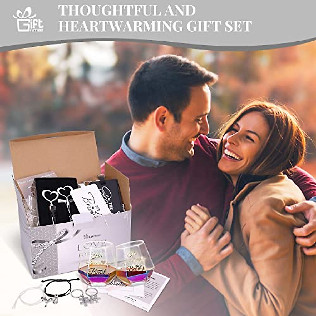 GiftAmaz Cool Bridal Shower Gifts for Bride to Be, Special Engagement Gift for Couples, Mr and Mrs Wine Glasses Set, Ideal Wedding Gift for Valentine’s Day, Newlywed, Honeymoon Christmas Gift