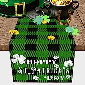 St Patricks Table Runner, Cozy Zestie Spring Green Shamrock Burlap Table Runners Holiday Day Decoration Kitchen Dining Buffalo Plaid Lucky Clover Table Runners for Home Party Decor 13 x 72 Inch