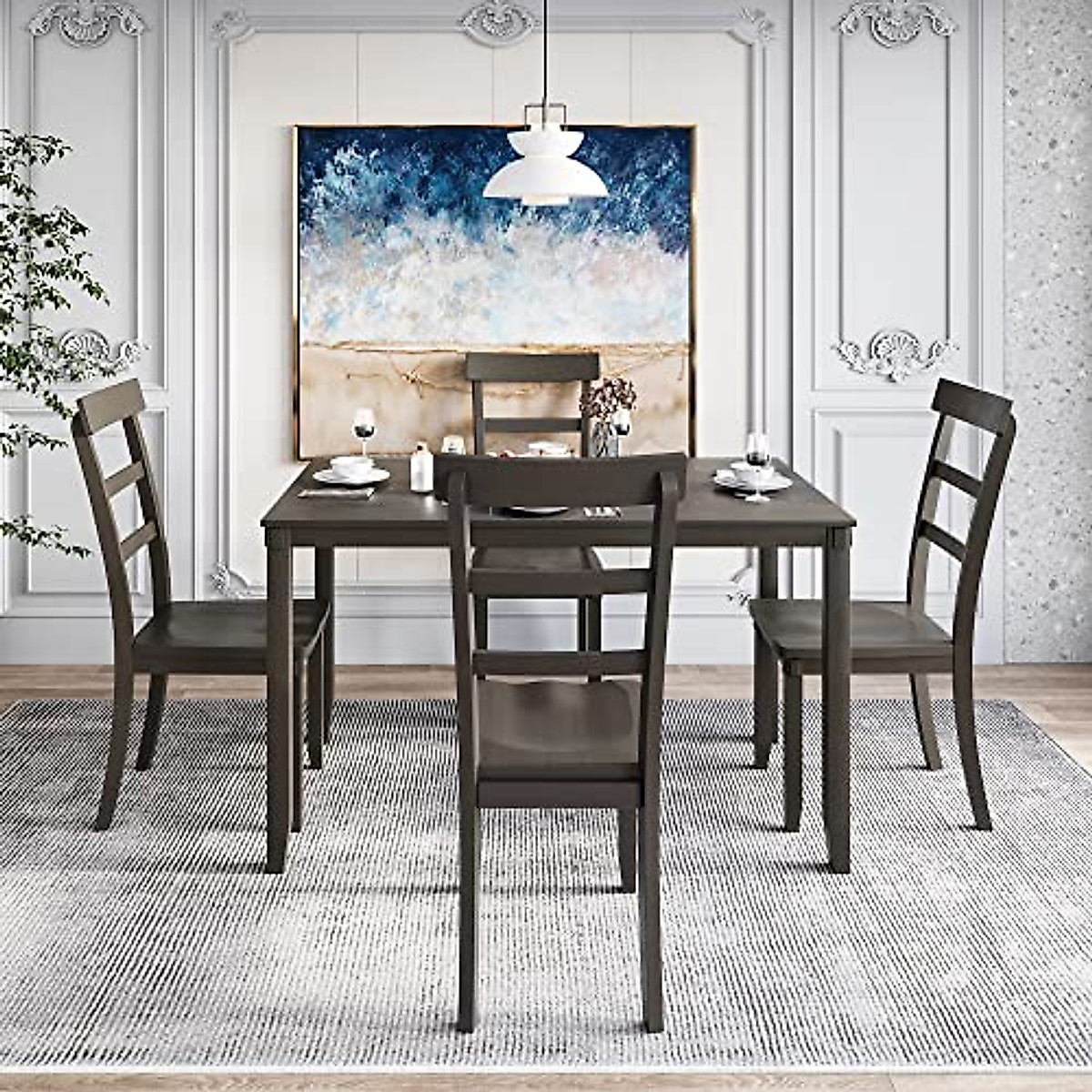 GLORHOME 5 Piece Kitchen Dining Set for 4, Farmhouse Style Rectangular Wood Table and Chairs for Family, Veneer Gray