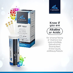 Exposome BioSciences pH Test Strips.(100 Pack).Universal Tests for Alkaline or Acid Levels in Body(Saliva & Urine),Drinking Water,Clear Liquids,Beauty Products. Statistically Significant Test Results.