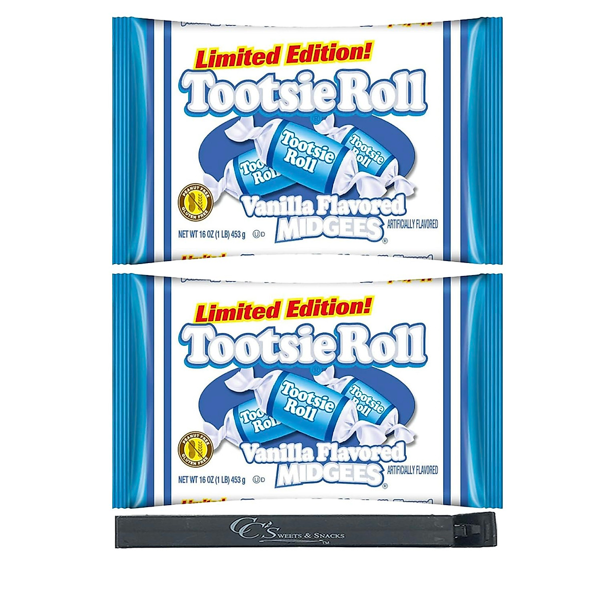 Vanilla Tootsie Rolls Midgees Candy Limited Edition 16 Oz (2 Pack) w/CC's Sweets & Snacks Bag Clip