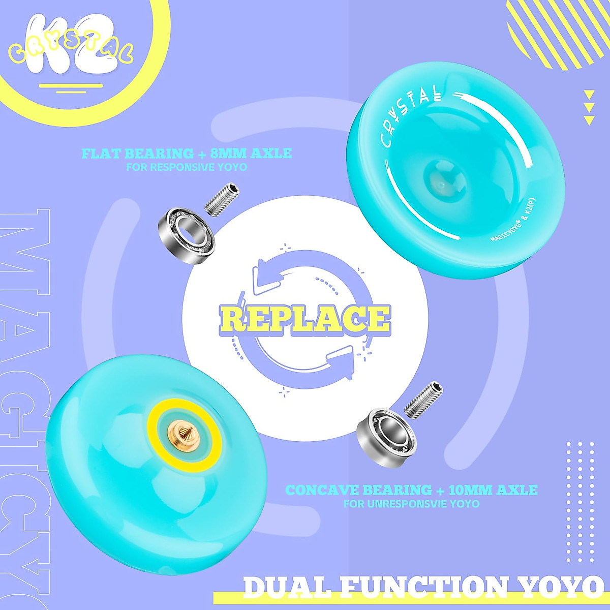 MAGICYOYO Responsive Yoyo for Beginners K2, Dual Purpose Yoyo for Kids with Replacement Unresponsive Bearing for Intermediate + Bearing Remover + Yoyo Case Bag + 12 Yoyo Strings (Blue)