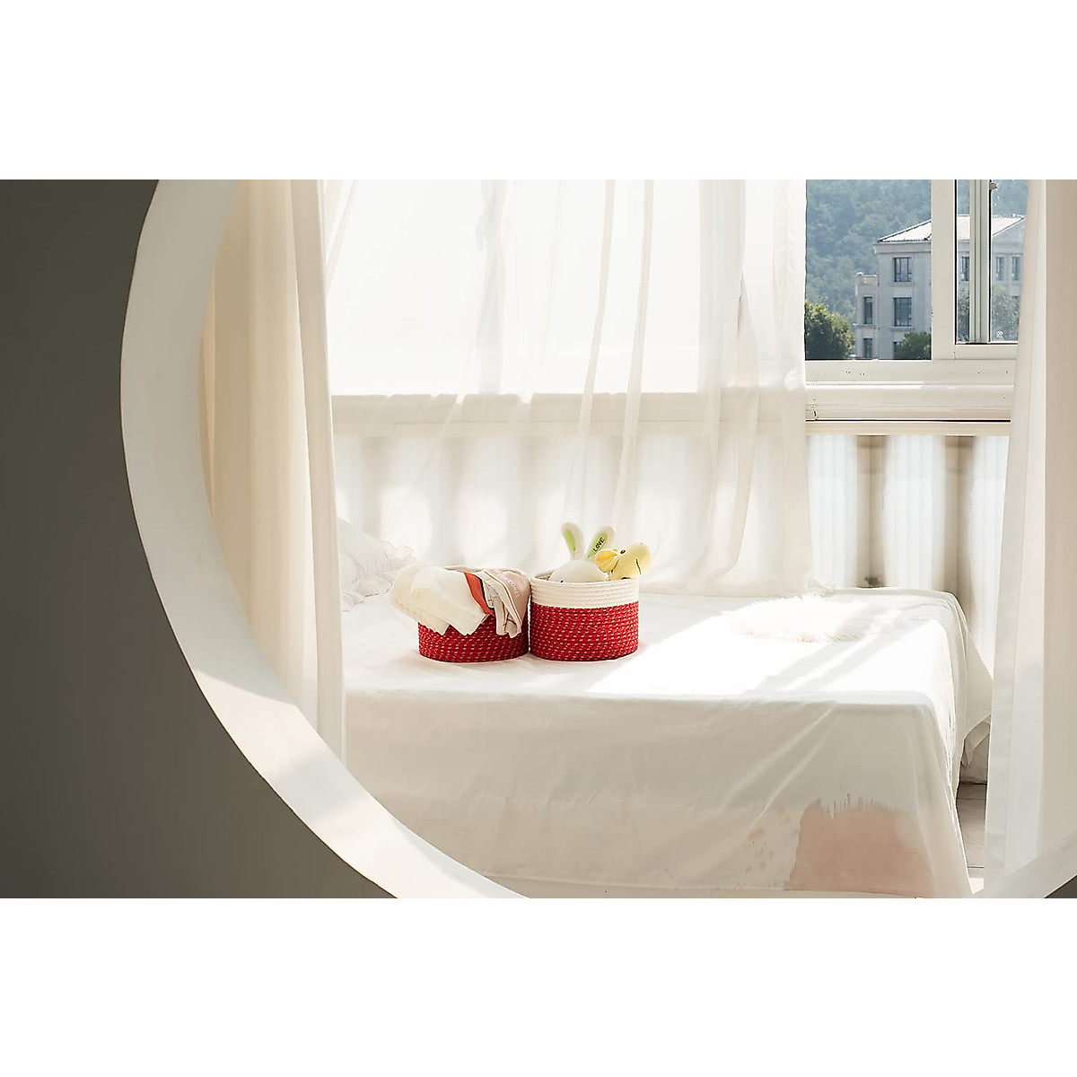 LixinJu Small Baskets for Organizing Small Woven Basket Set of 2 Red Small Rope Basket Set with Handle for Toy Cotton Round Storage Kids Baby Dog Cat Gifts, 9.5"x9.5"x7"