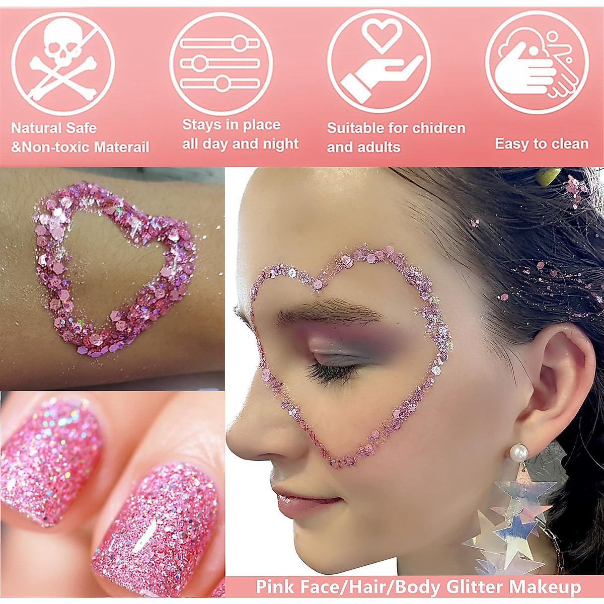 Go Ho Pink Face Body Glitter,Singer Concerts Pink Face Paint Glitter Makeup,Holographic Chunky Sequins Glitters for Eye Lip Hair Nails,Festival Glitter Rave Accessories,03 Pink Glitter 52g