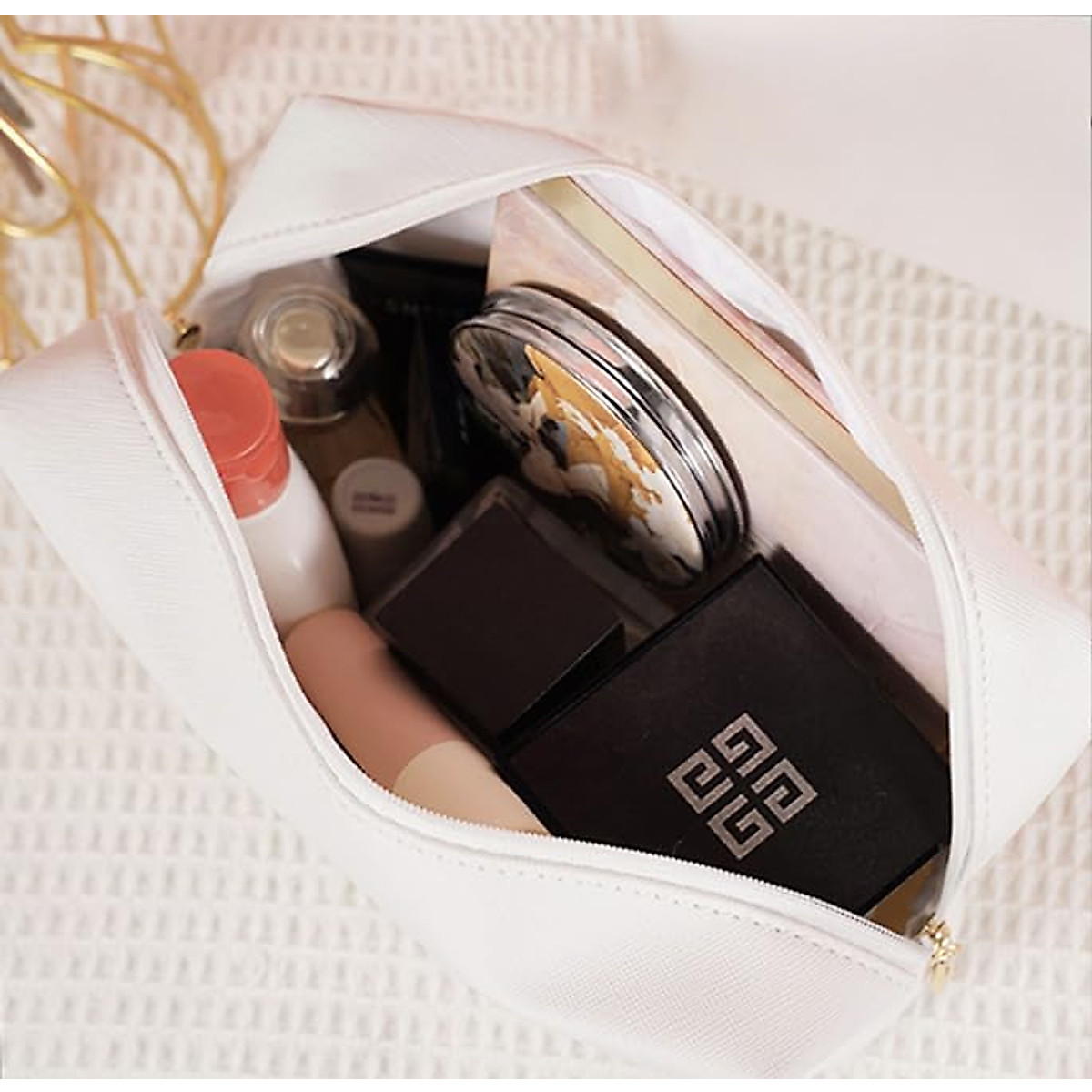 HUTIP Leather Makeup Bag Cosmetic Pouch Small Makeup Pouch for Purse Minimalist Travel Pouch Waterproof Toiletry Bag Set, Personalize Makeup Bags Cosmetic Bags for Women