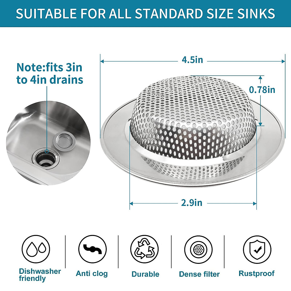 Kitchen Sink Strainer, VWEICYY Sink Drain Strainer, 4.5" Sink Strainer for Kitchen Sink, Dishwasher Safe(4 Pack)