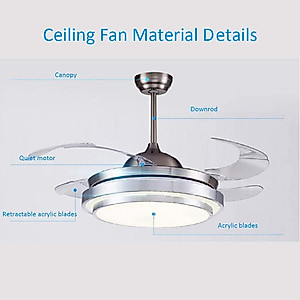 Lighting Groups 42 Inch Invisible Ceiling Fan 3-Color Lights Remote Control Retractable Blades Fandelier for Living Room Dining Room Reversible Fan Indoor Lights (Chrome-02)