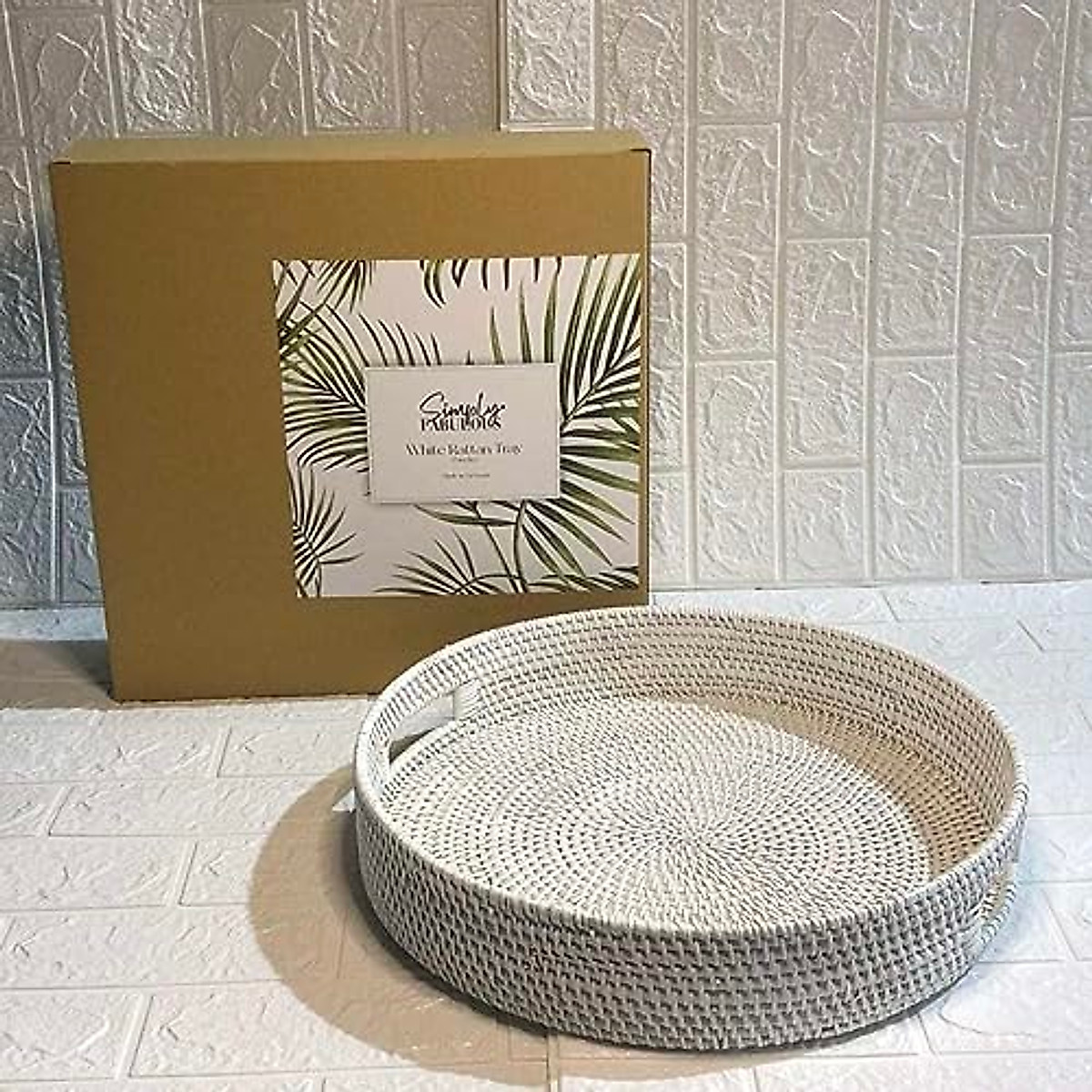 SIMPLY FABULOUS Round White Rattan Serving Tray with Handles, 11.8 inch, Hand Woven in a Durable Stunning Design, A Great Serving Basket for Food or Drinks