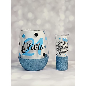 Glitter Birthday Wine Glass, Glitter Birthday Shot Glass, Age + Name (Wine + Shot)