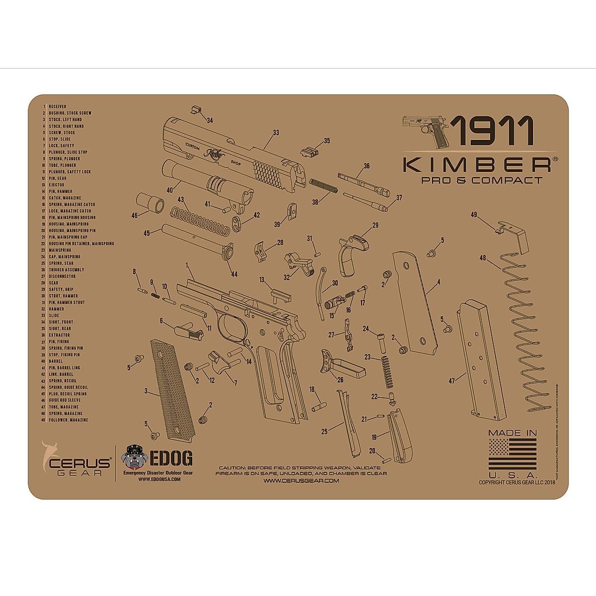 EDOG Range Warrior 27 Pc Gun Cleaning Kit - Compatible with Kimber 1911 Compact & Pro - Tan - Schematic (Exploded View) Mat, Range Warrior Universal .22 9mm - .45 Kit & Tac Book Accessories Set