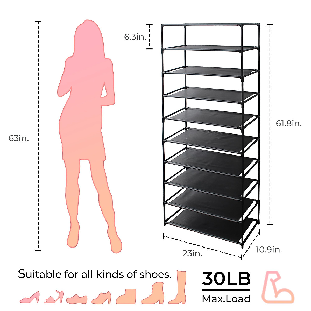 LCyindu Tall Shoe Rack 10 Tiers Narrow Shoe Shelf, 27-30 Pairs of Shoes and Boots Organizer, Black Metal Stackable Shoe Cabinet Space Saving for Entryway, Closet, Bedroom, 23" D x 10.9" W x 61.8" H