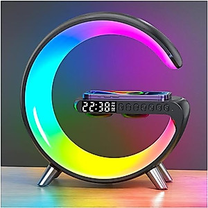 Aimery 4 in 1 Table Lamp,Wireless Charger Atmosphere Lamp,Sunrise Alarm Clock and Bluetooth Speaker Controlled by APP,Dimmable Bedside Lamp,Table lamp for Bedroom Decor,Dorm Decor (Black)