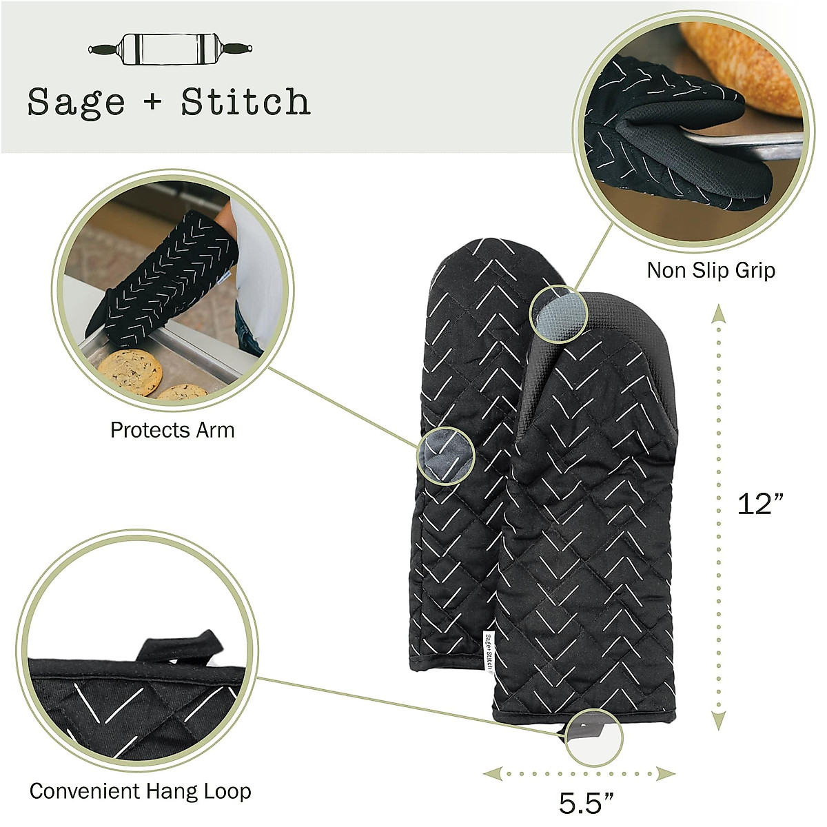 Sage+Stitch Oven Mitts and Pot Holders 4 Piece Set | Heat Resistant Gloves | Accessories for Kitchen and Baking | Black Mudcloth Design