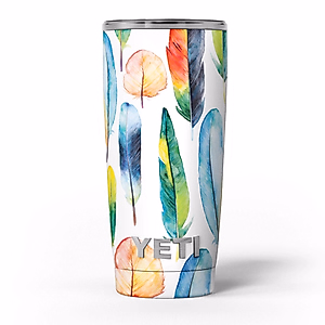 Design Skinz Bright Water Color Painted Feather - Skin Decal Vinyl Wrap Kit Compatible with The Yeti Rambler Cooler Tumbler Cups