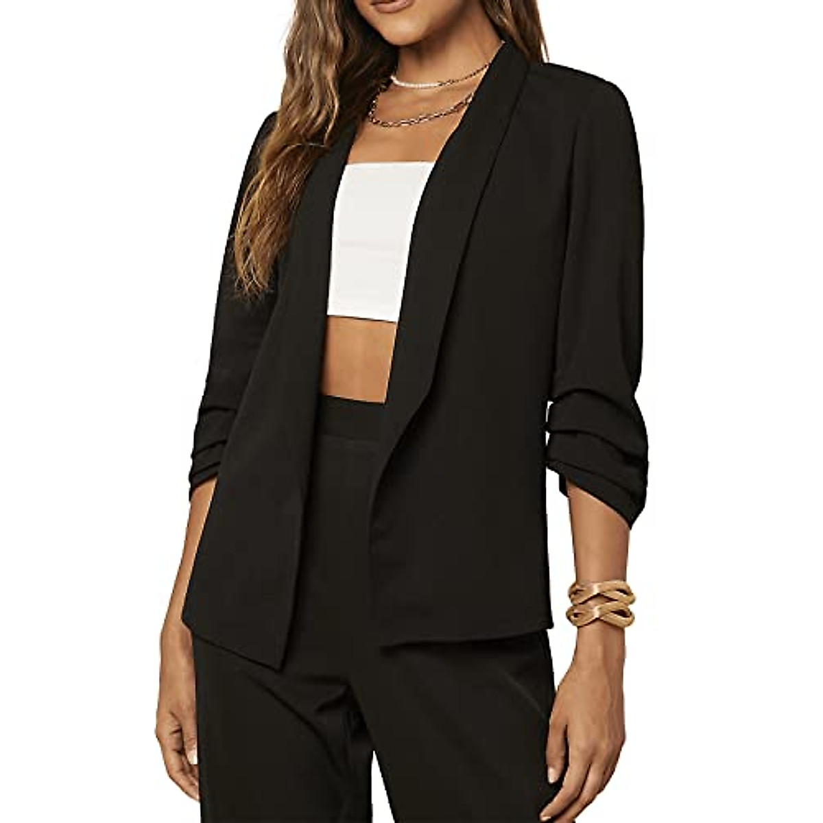 Verdusa Women's 3/4 Length Sleeve Shawl Collar Ruched Sleeve Open Front Suiting Blazer Black M