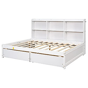 Harper & Bright Designs Full Bed with Storage Drawers and Side Bookcase, Solid Wood Platform Frame, Full Size Daybed Sofa for Bedroom Living Room (Full Size, White) White(side Bookcase)