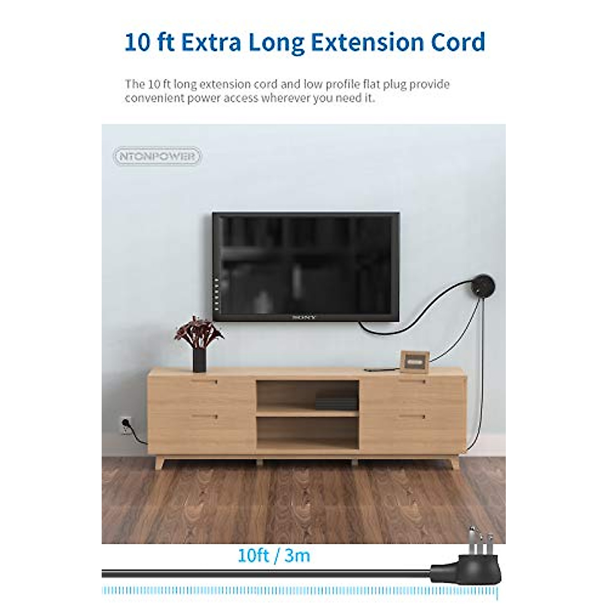 Extension Cord 10 ft, NTONPOWER 3 Widely Spaced Outlets Power Strip with USB Port, Wall Mountable, Flat Plug Extension Cord with USB, Overload Protection for Home, Office, Travel, Dorm Essentials
