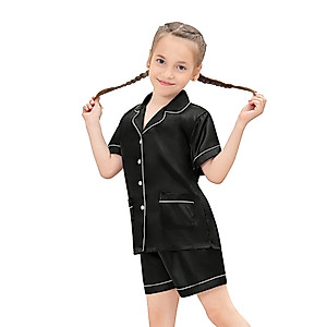 SWOMOG Satin Kid Pajamas for Girls Silk Pjs Set with 2 Pockets Boys Sleepwear Button-up Lounge Sets Short Sleeve Nightwear Black