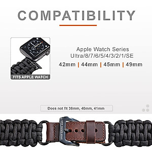 Savior Survival Gear Paracord Watch Band Compatible with Apple Watch 42mm/44mm/45mm/49mm (iWatch Series 8/7/6/5/4/3/2/1) with Stainless Steel Adjustable Buckle (Black, Adjustable)
