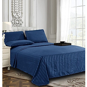 Elegant Comfort Best, Softest, Coziest 6-Piece Sheet Sets! - 1500 Premier Hotel Quality Luxurious Wrinkle Resistant 6-Piece DAMASK STRIPE Bed Sheet Set, Queen Navy Blue