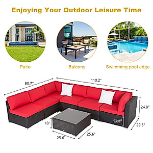 Kinfant Outdoor Patio Furniture Sofa - 7 PCs PE Black Wicker Sectional Sofa Sets with Glass Table and Cushions for Backyard, Pool (Red)